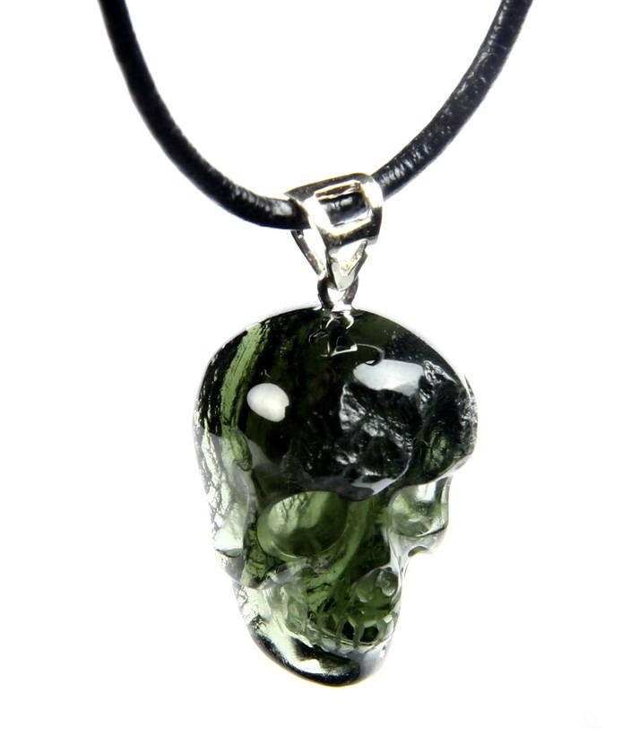 Gemstone Moldavite Carved Crystal Skull Pendant with Sterling Silver ...