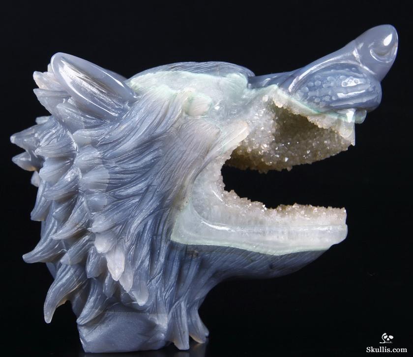AMAZING Giant 5.9" Agate Amethyst Geode Carved Crystal Wolf Sculpture ...