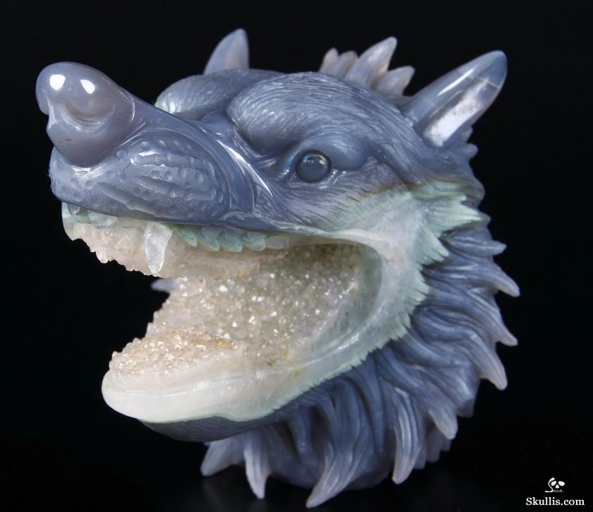 AMAZING Giant 5.9" Agate Amethyst Geode Carved Crystal Wolf Sculpture ...