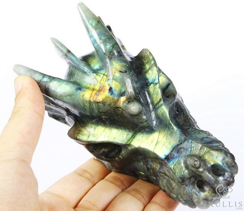 Flash 5.5" Labradorite Carved Dragon Skull & Custom blue tiger Eye eyes ...