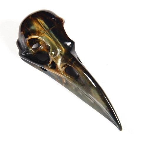 Top Quality! Blue & Gold Tiger Eye Carved Crystal Raven Skull Pendant ...