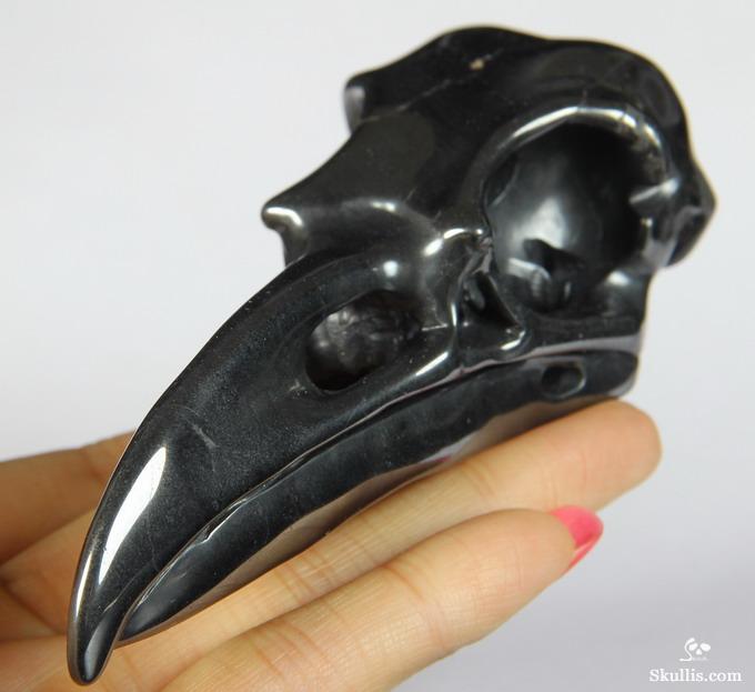 HUGE 4.3" Hematite Carved Crystal Raven Skull - Skullis Gemstone ...