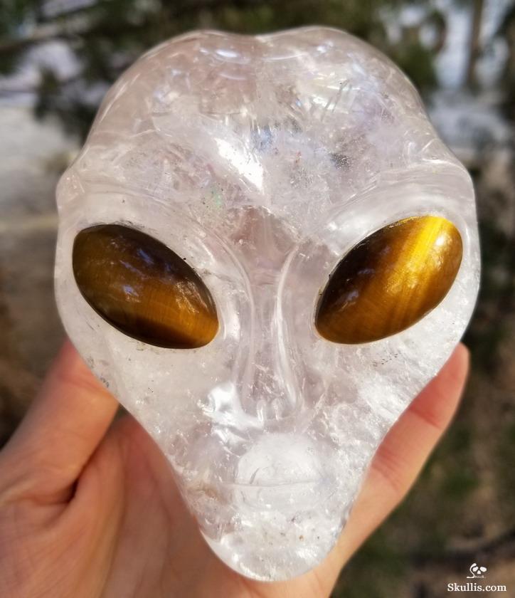 HUGE 3.9" Quartz Rock Crystal Carved Crystal Alien Skull with Gold ...