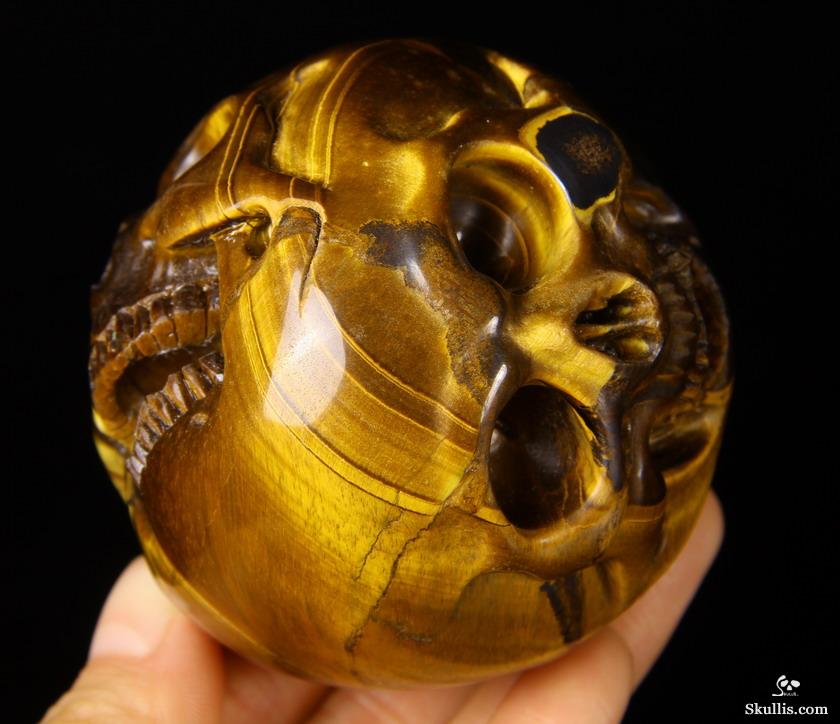 Amazing Flash Gemstone 2.6" Gold Tiger Eye Carved Crystal Skull Sphere ...