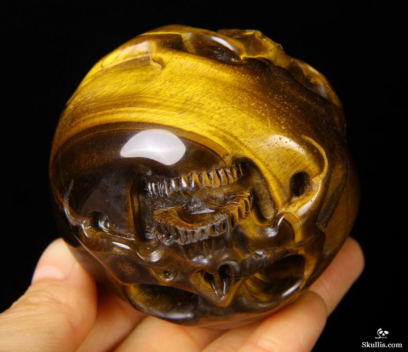 Amazing Flash Gemstone 2.6" Gold Tiger Eye Carved Crystal Skull Sphere ...