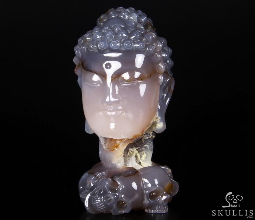 Huge 6.1" Agate Geode Carved Crystal Buddha Bodhisattva With Skull ...