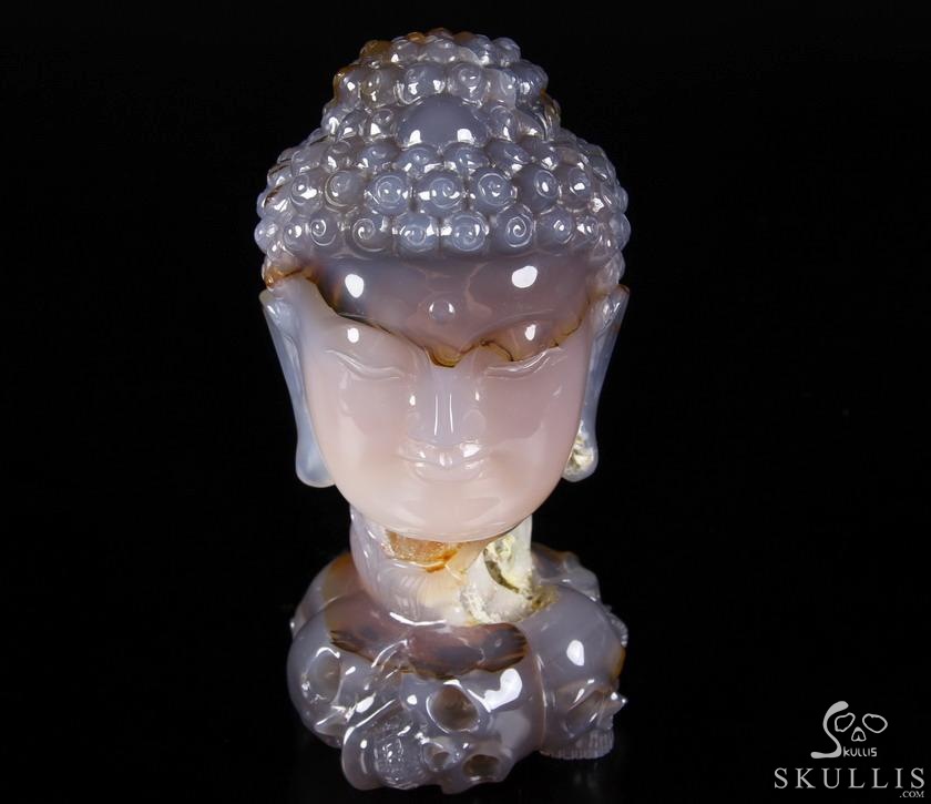 Huge 6.1" Agate Geode Carved Crystal Buddha Bodhisattva With Skull ...