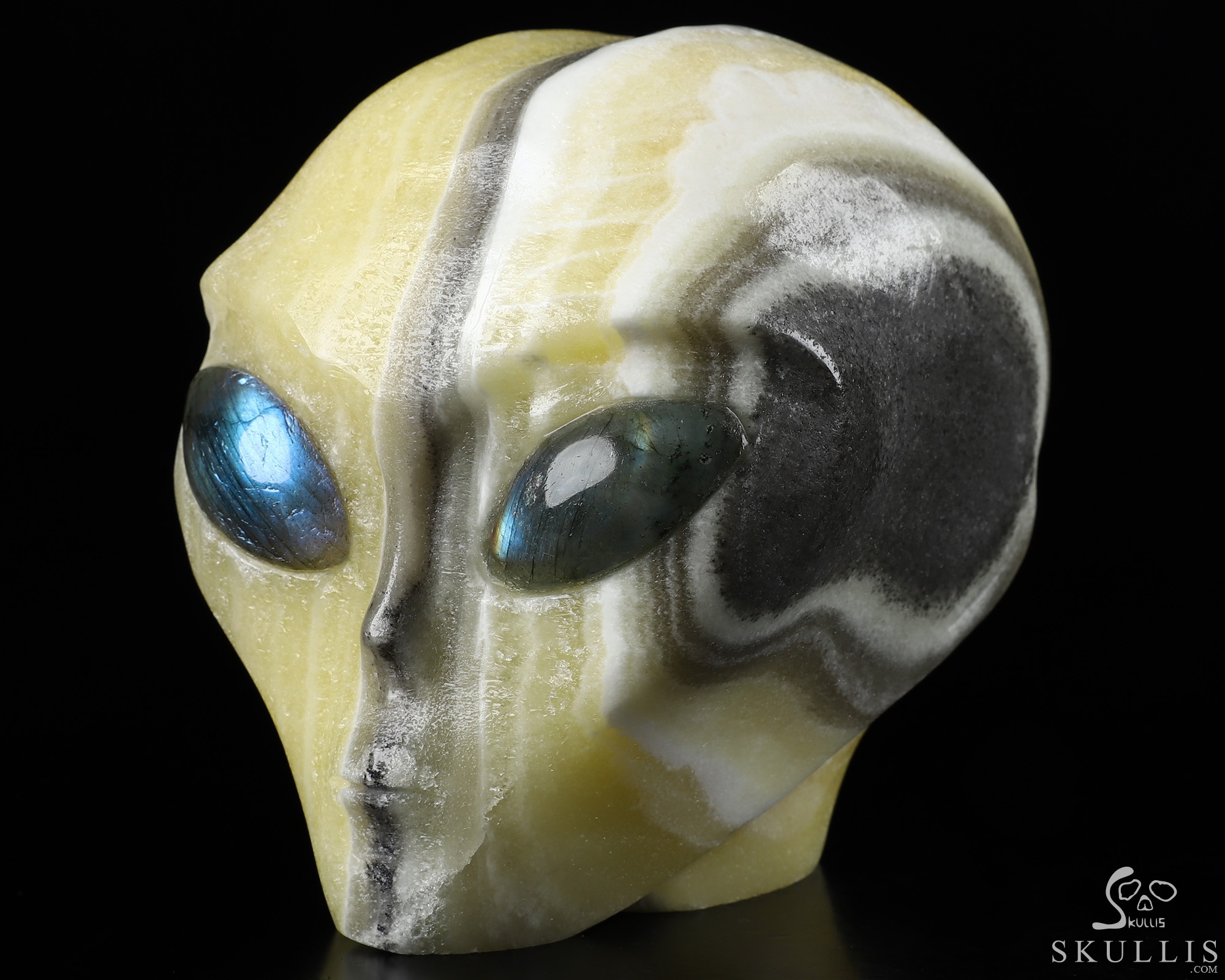 4.1" Zebra Calcite CarvedCrystal Skull Companion with Labradorite Eyes ...