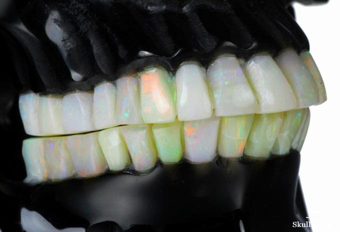 AMAZING Black Obsidian Carved Crystal Skull with Opal Teeth and ...